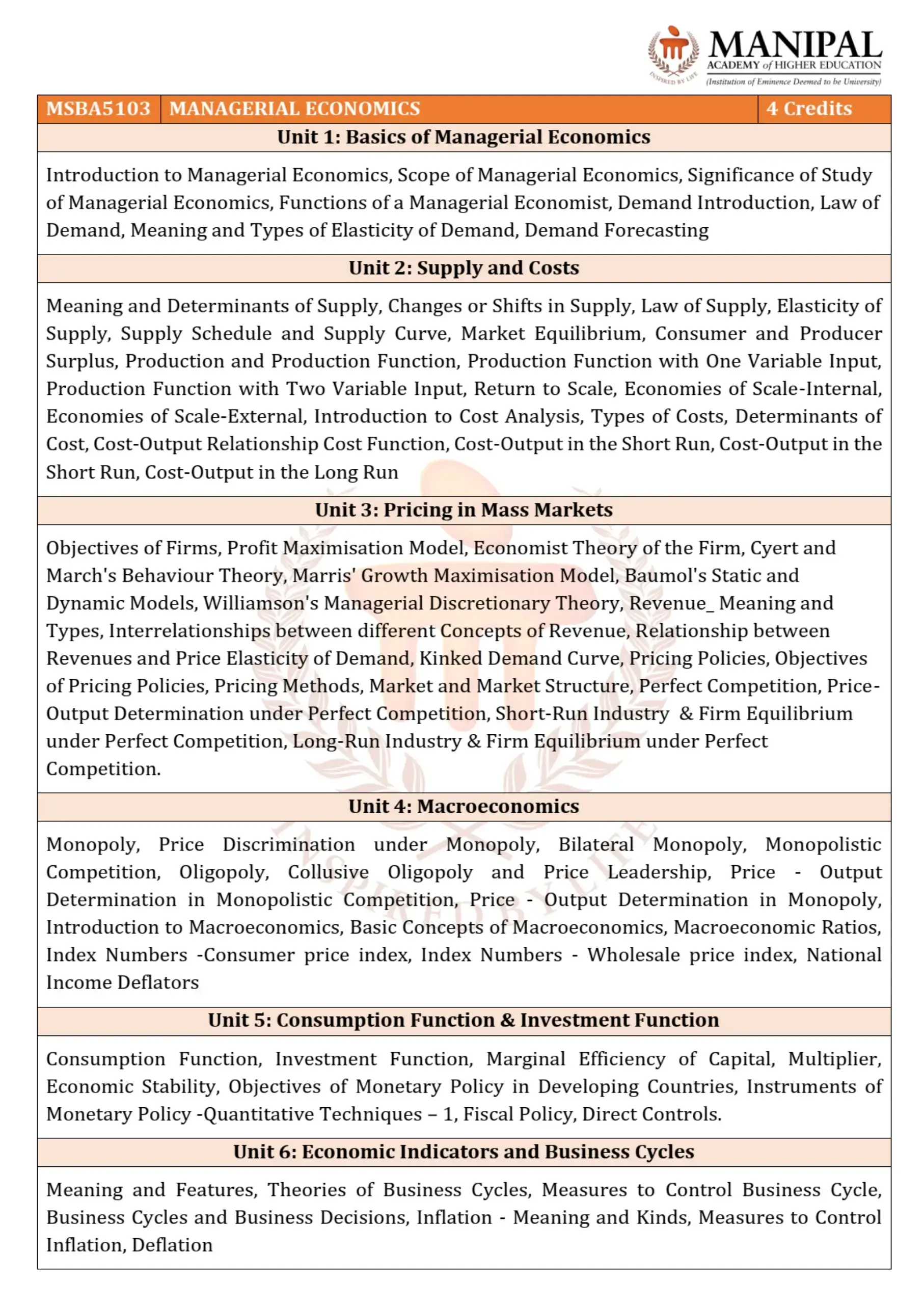 MAHE - I SEM MSC BA Syllabus
